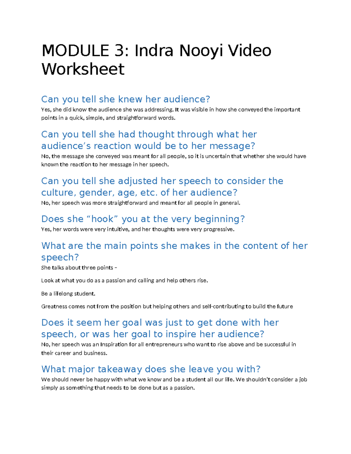 Module 3 Worksheet-1 - Coursework - MODULE 3: Indra Nooyi Video ...