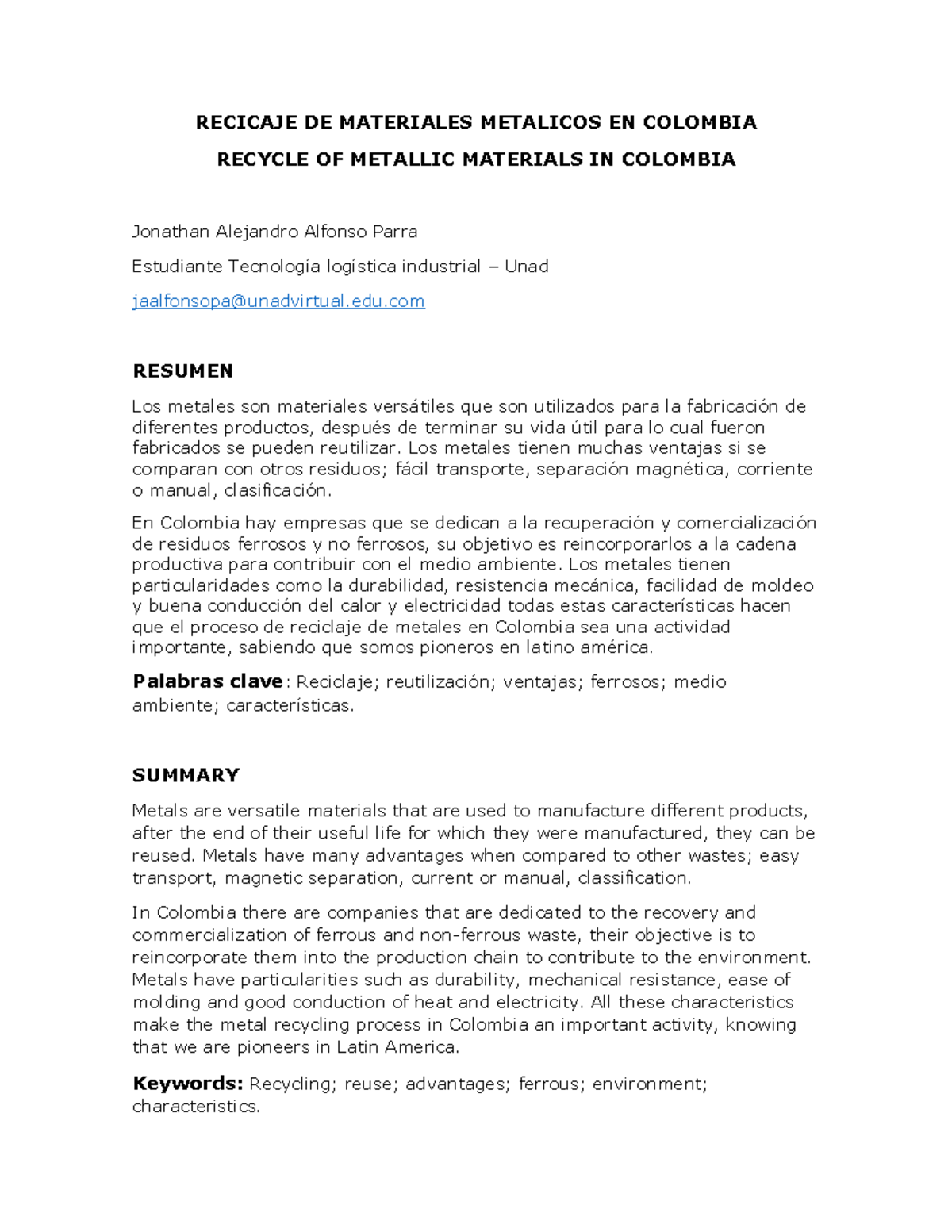 Resumen - nada - RECICAJE DE MATERIALES METALICOS EN COLOMBIA RECYCLE ...