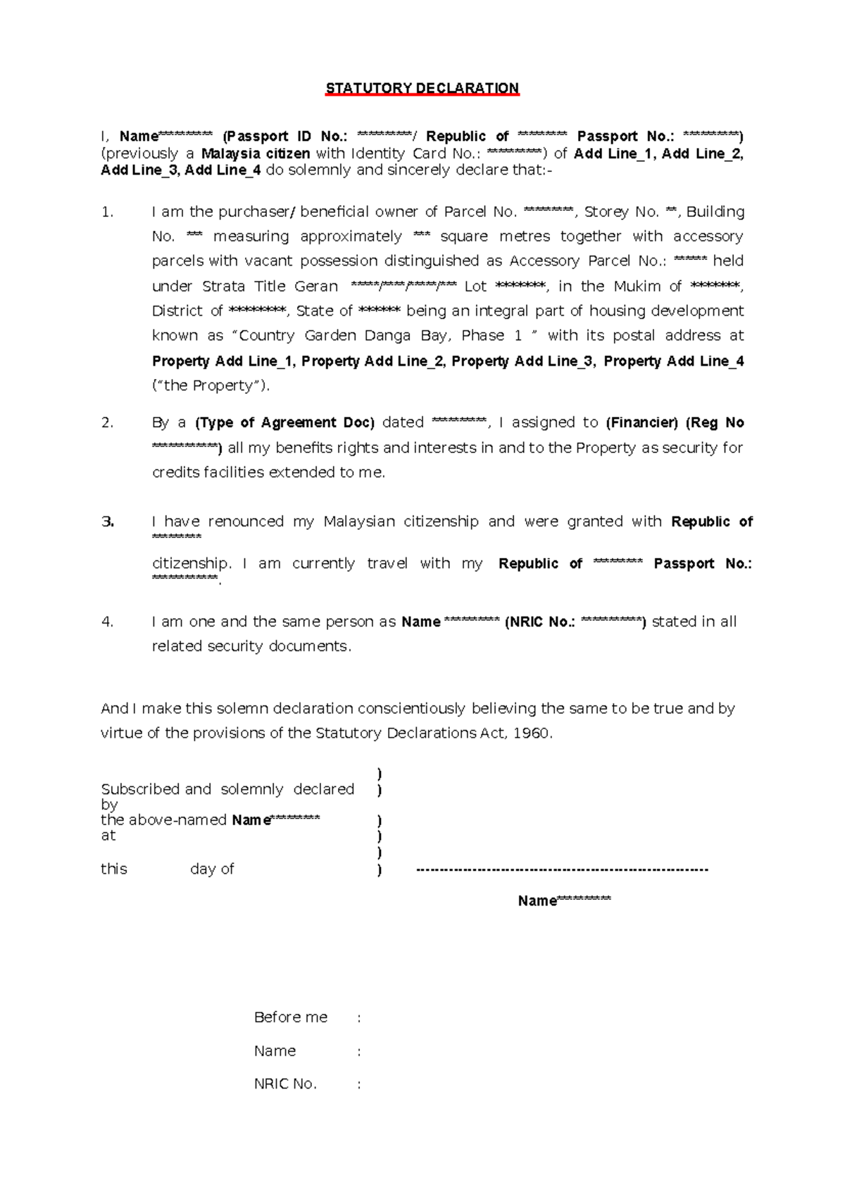 Sample SD Change Citizen -@ - STATUTORY DECLARATION I, Name ...