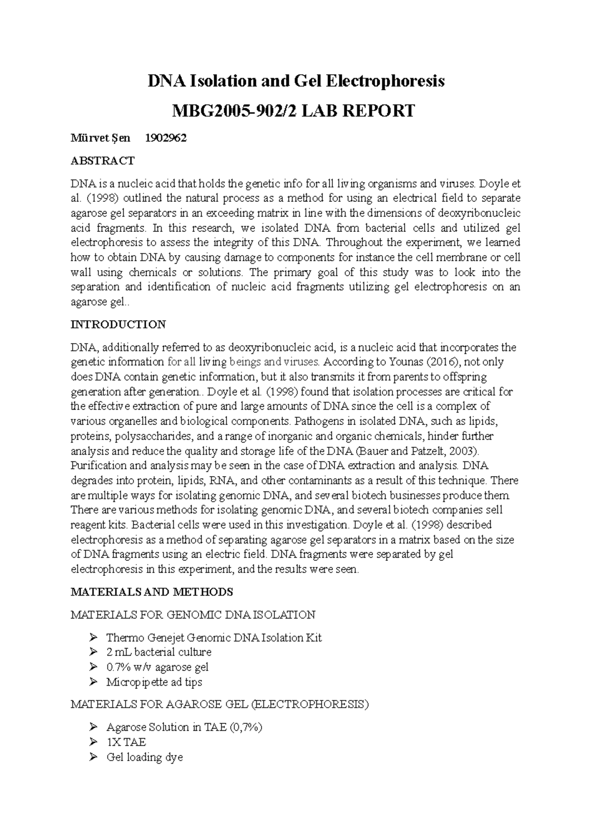 MBG2005 DNAIsolation LABREPORT - Cell Biology - BAU - Studocu