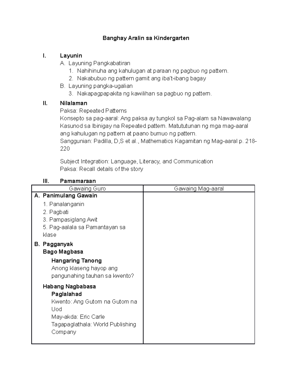 Detailed Lesson Plan for Kindergarten - Banghay Aralin sa Kindergarten ...