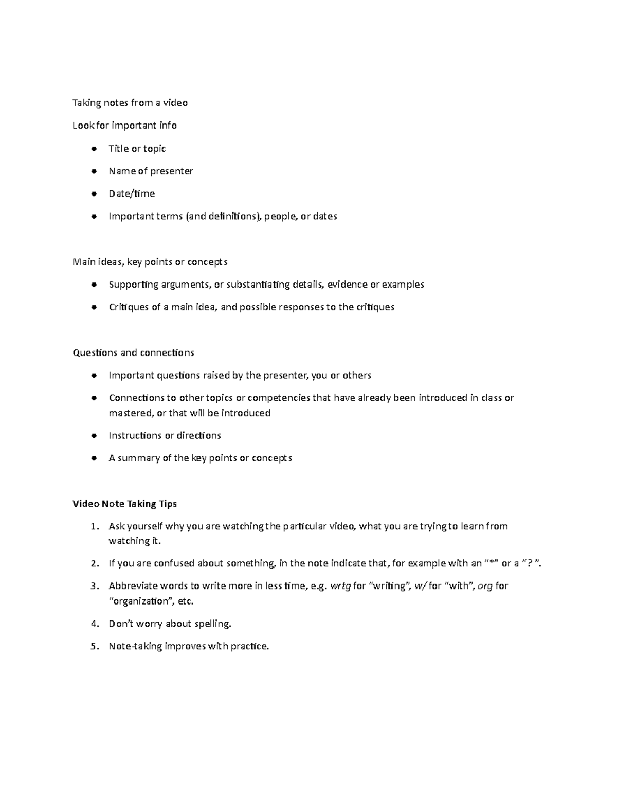 Note taking videeo - Notes - Taking notes from a video Look for ...
