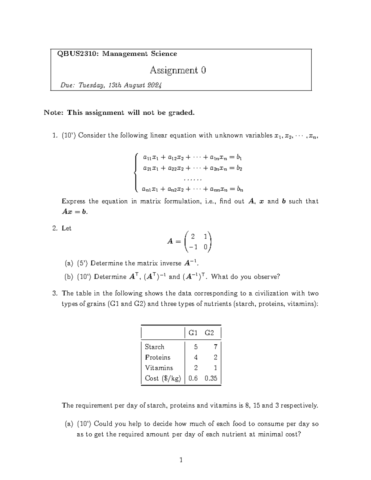 QBUS2310-Assignment 0 written part - QBUS2310: Management Science ...