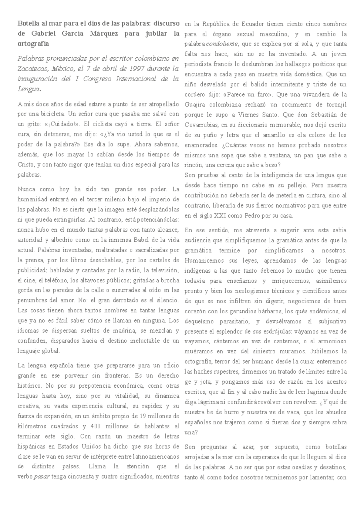 García Márquez lenguaje y comunicacion - Botella al mar para el dios de ...