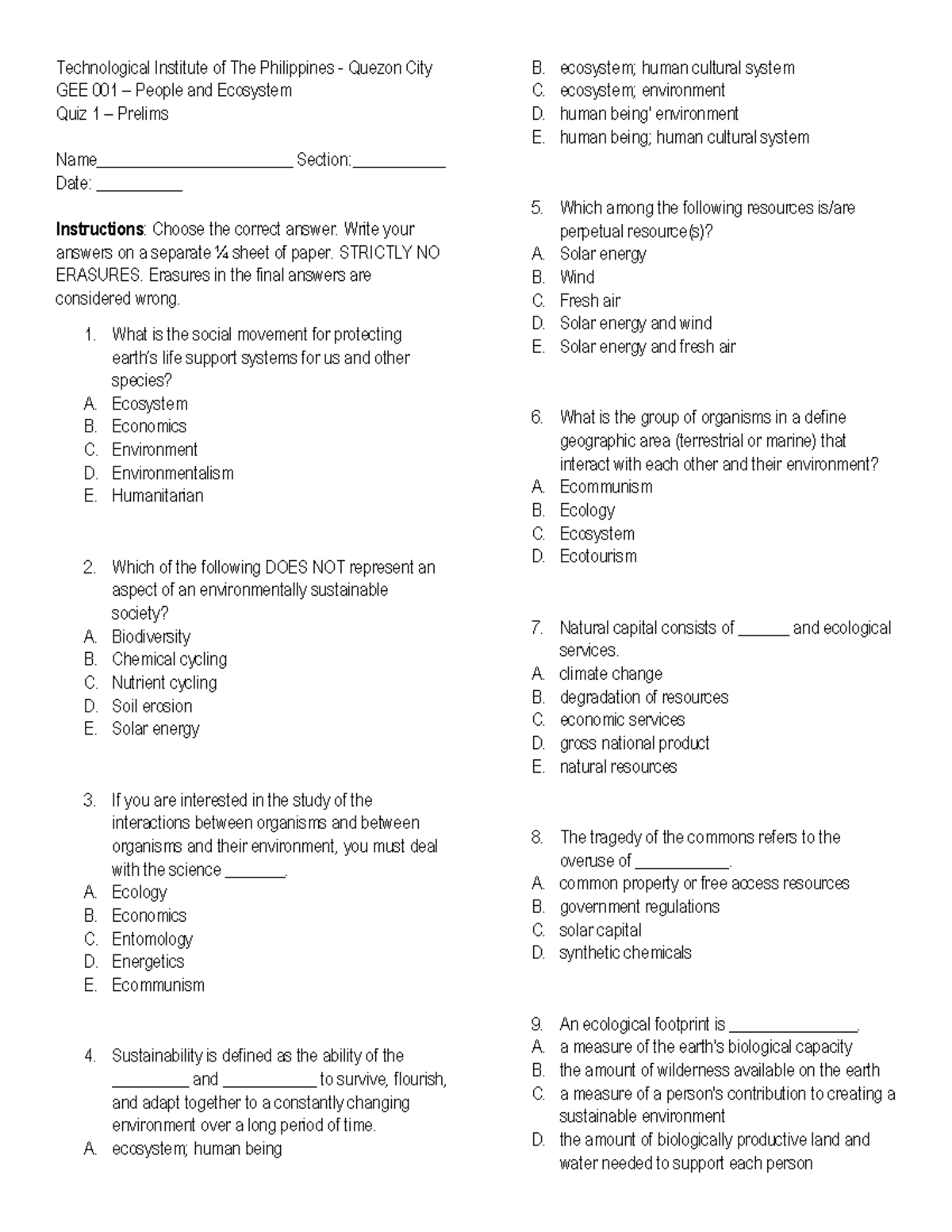 GEE 001 QUIZ 1 Prelims 1 - nothing - Technological Institute of The ...