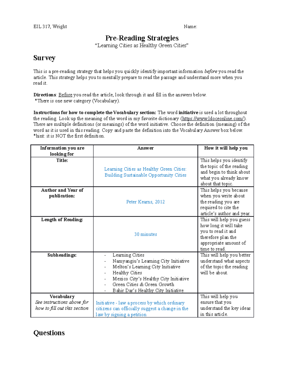 Learning Cities Survey and Question Pre-Reading - EIL 317, Wright Name ...