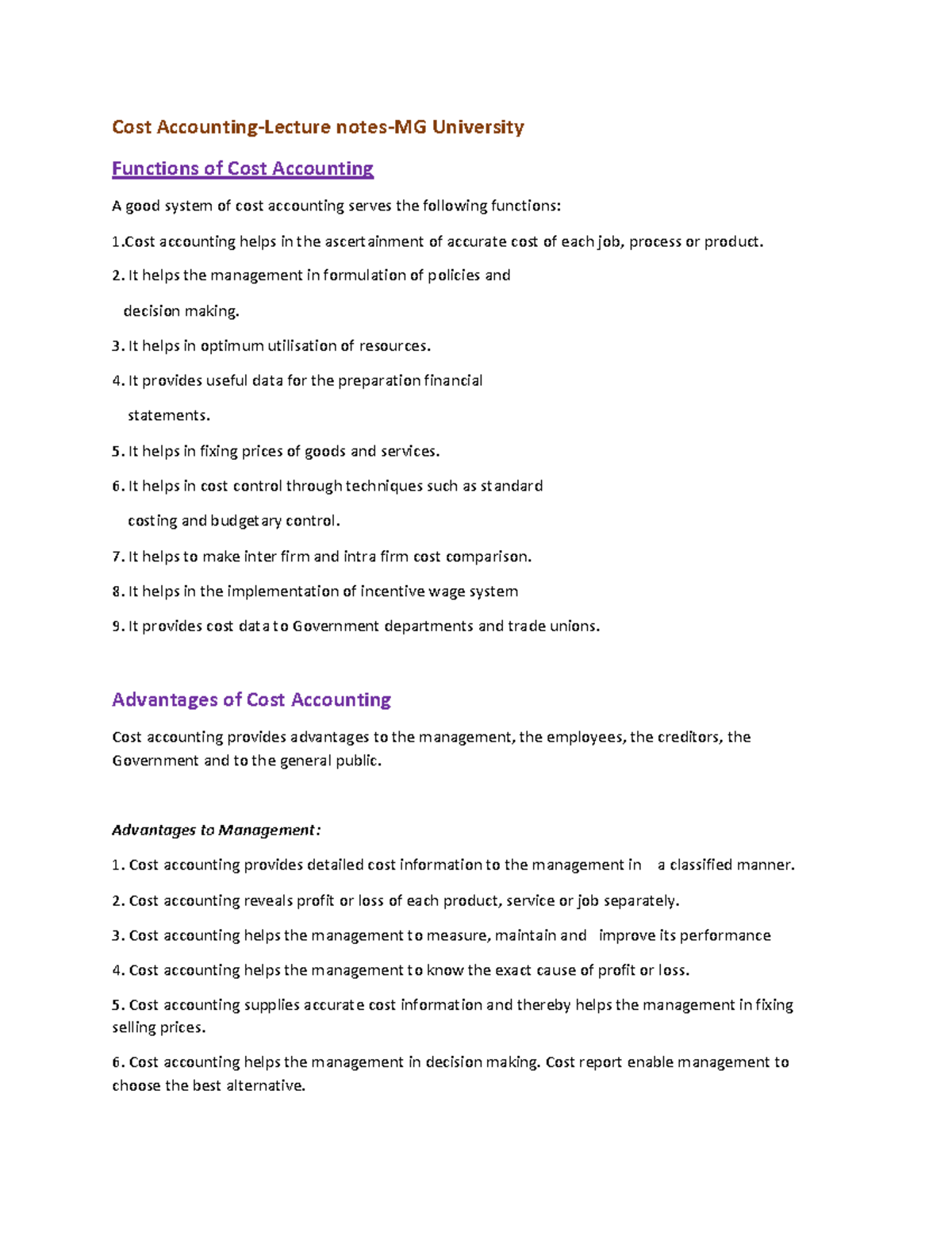 Cost Accounting-Functions and advantages-lecture notes-MGU - Cost ...