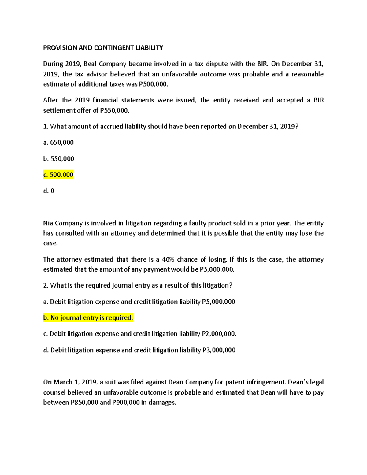 Provision AND Contingent Liability Problem 5-11 - PROVISION AND ...