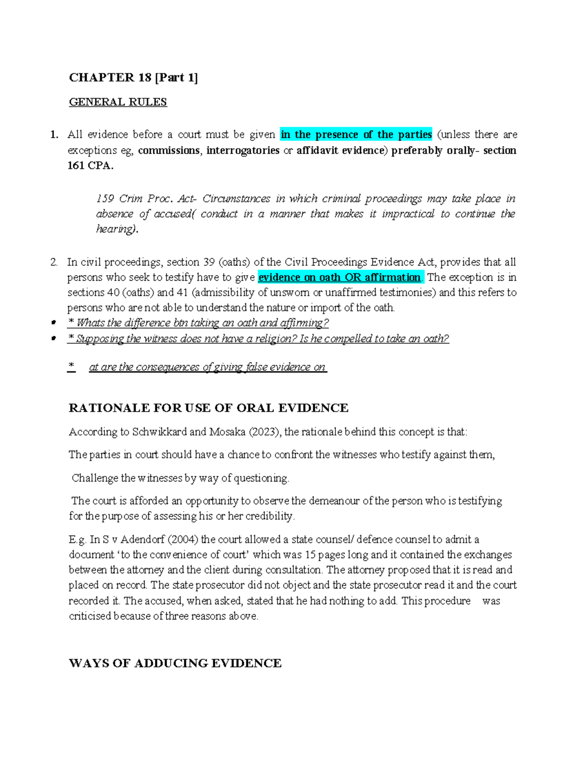 Chapter 18 [Part 1] Oral Evidence - CHAPTER 18 [Part 1] GENERAL RULES All evidence before a ...