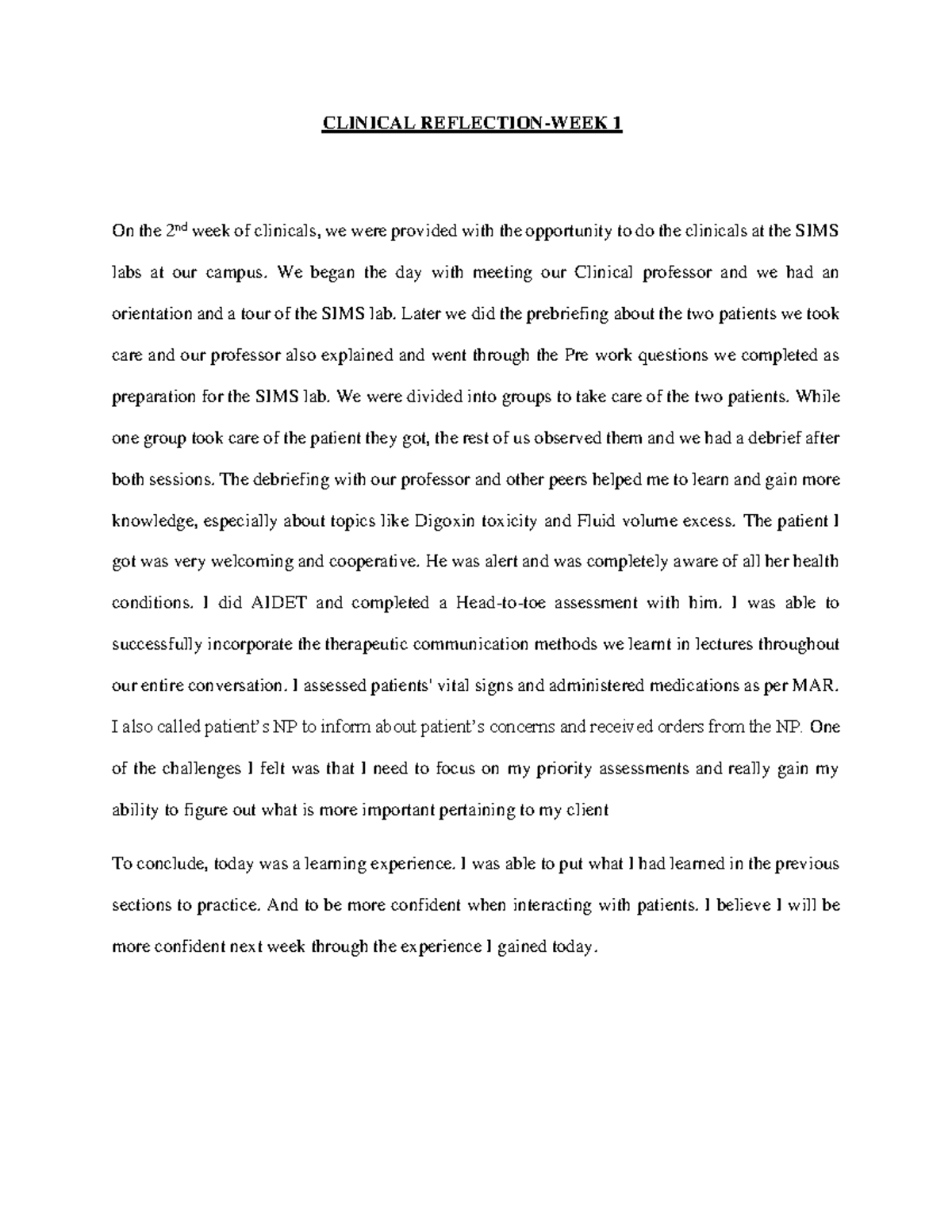clinical reflection - CLINICAL REFLECTION-WEEK 1 On the 2nd week of ...