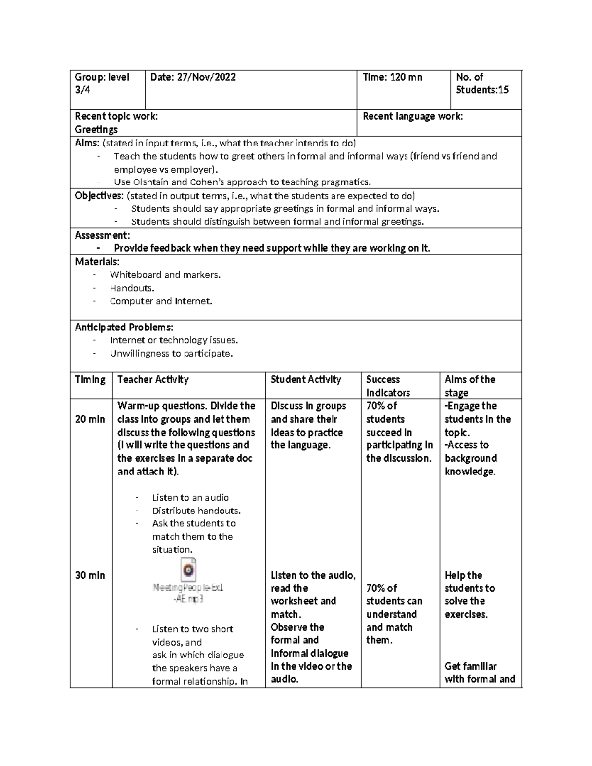Lesson PLAN Pragmatics( Greetings) - Group: level 3/ Date: 27/Nov/2022 ...