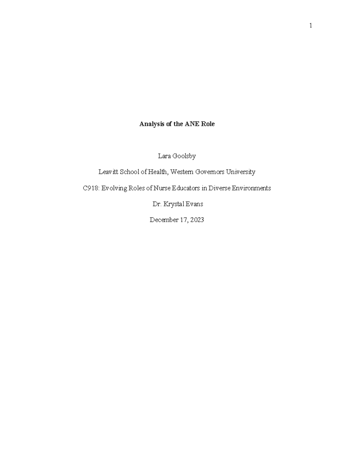 C918 MFP Task 1 Analysis of the ANE Role - Analysis of the ANE Role ...