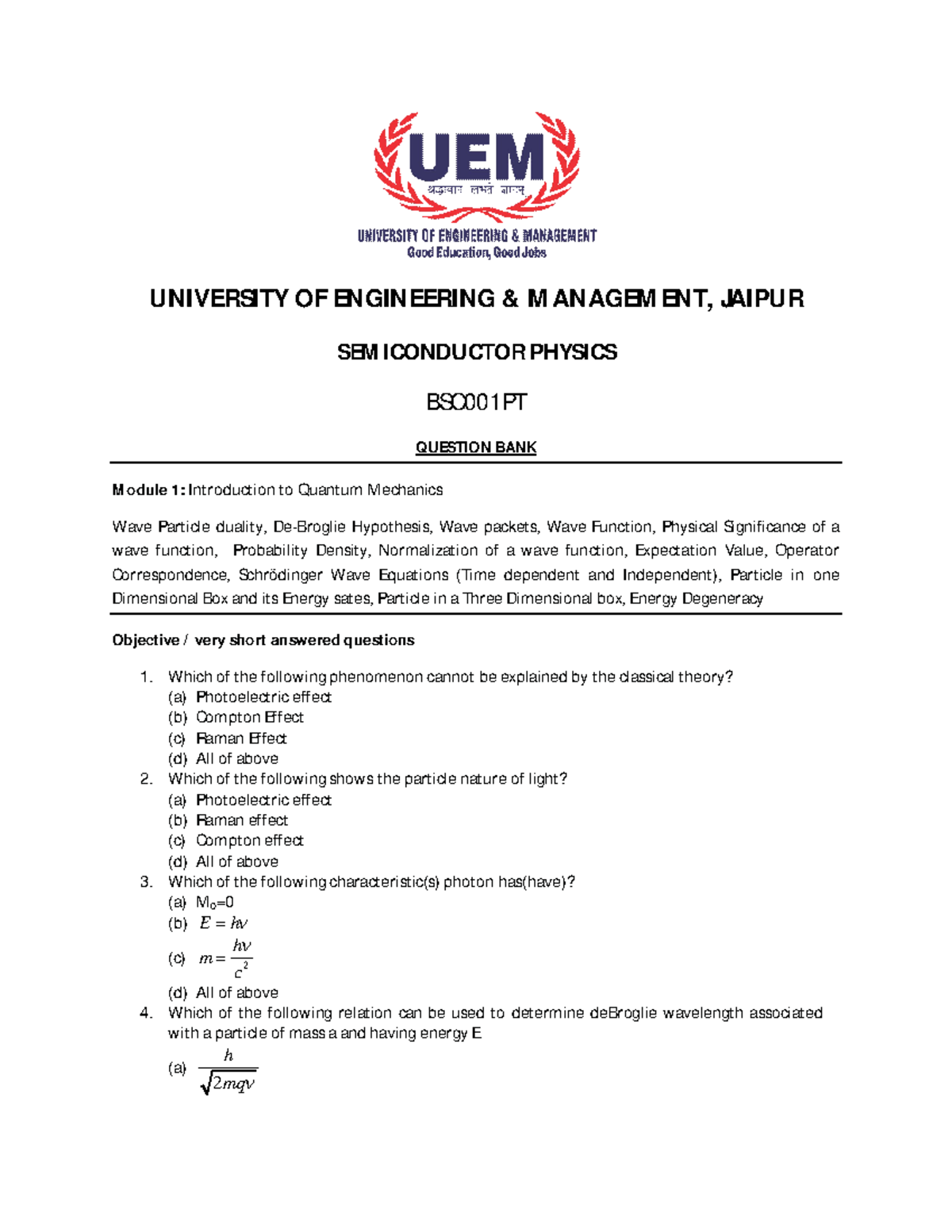 Semiconductor physics question bank - UNIVERSITY OF ENGINEERING & MANAGEMENT, JAIPUR - Studocu