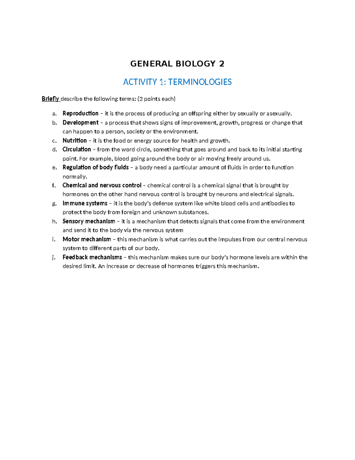 Activity 1- Terminologies - GENERAL BIOLOGY 2 ACTIVITY 1: TERMINOLOGIES ...