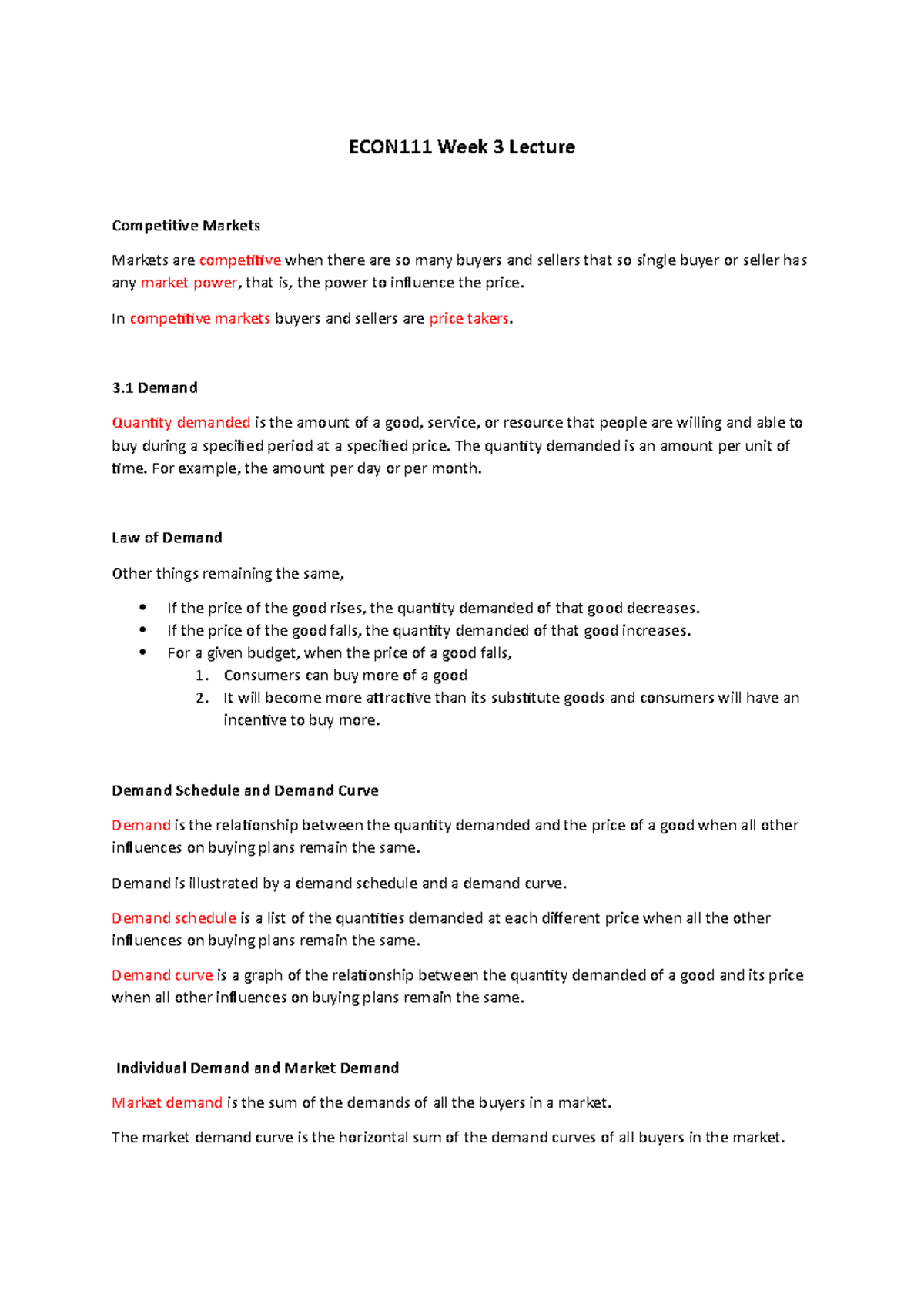 ECON 111 Lecture 3 Notes - ECON111 Week 3 Lecture Competitive Markets ...