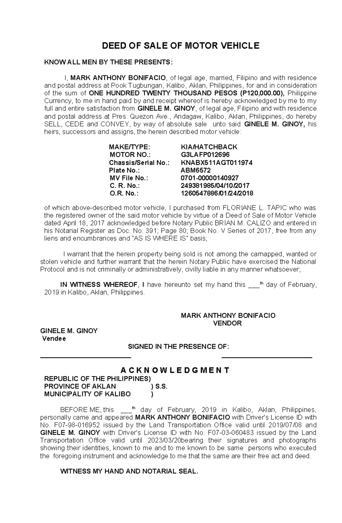 Deed of Sale of Motorcycle - DEED OF SALE OF MOTOR VEHICLE KNOW ALL MEN ...