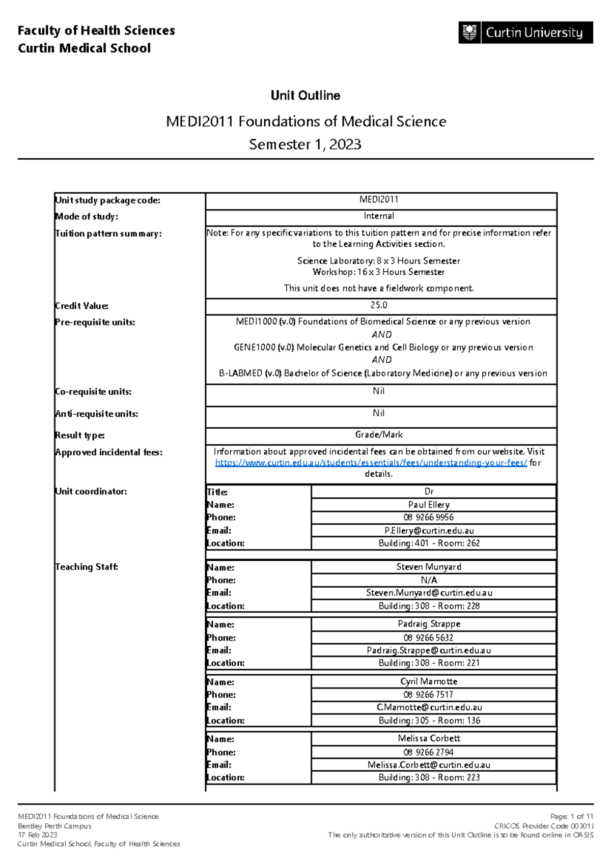 MEDI2011 Foundations of Medical Science Semester 1 2023 Bentley Perth ...