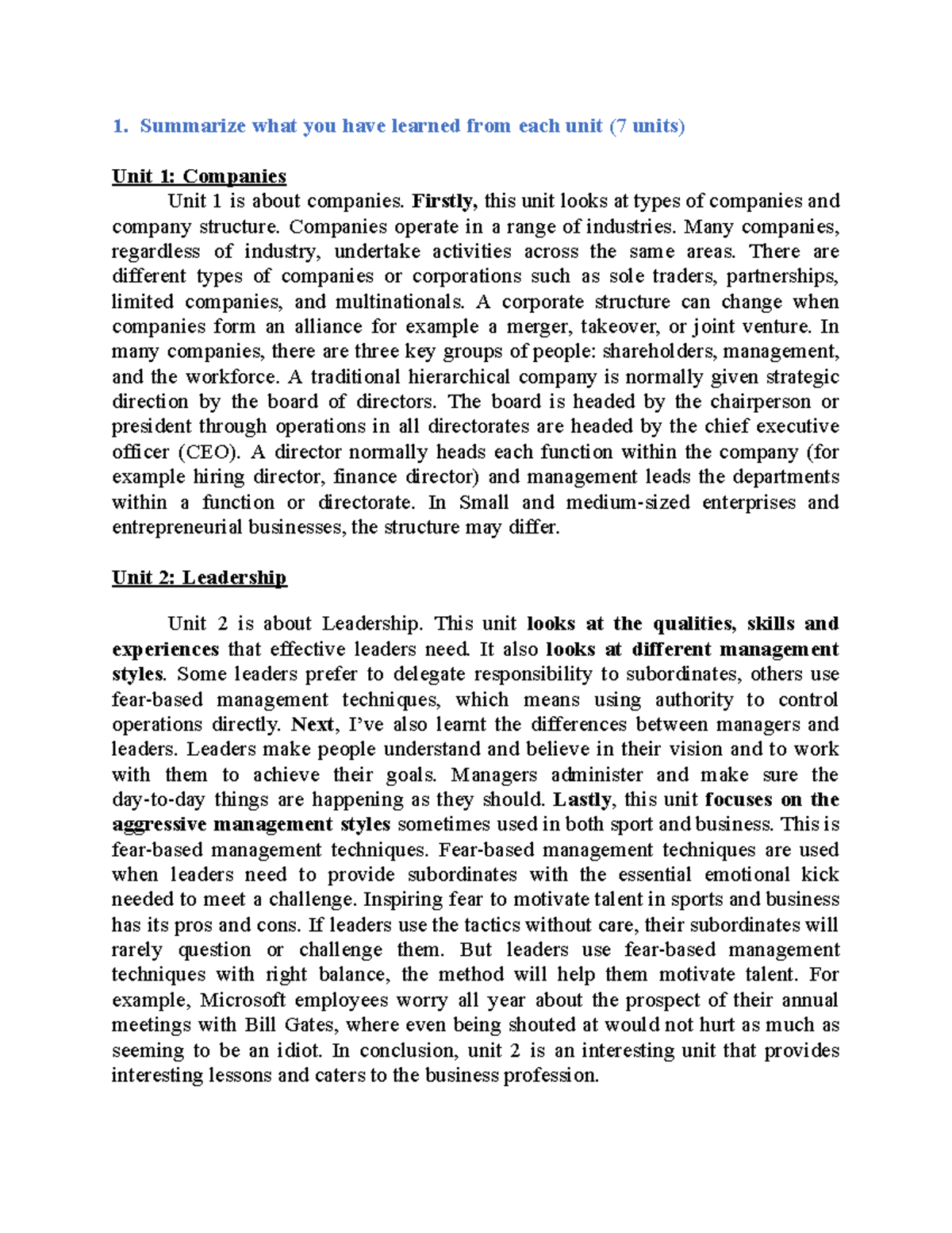 E- Review - Summarize what you have learned from each unit (7 units) Unit 1: Companies Unit 1 is ...