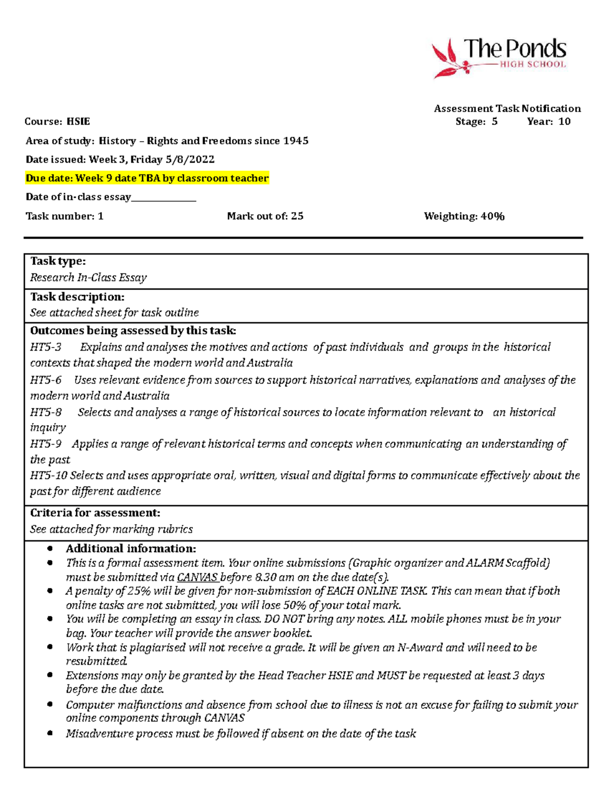 Year 10 History Task 1 Notification 2022 - Assessment Task Notification ...
