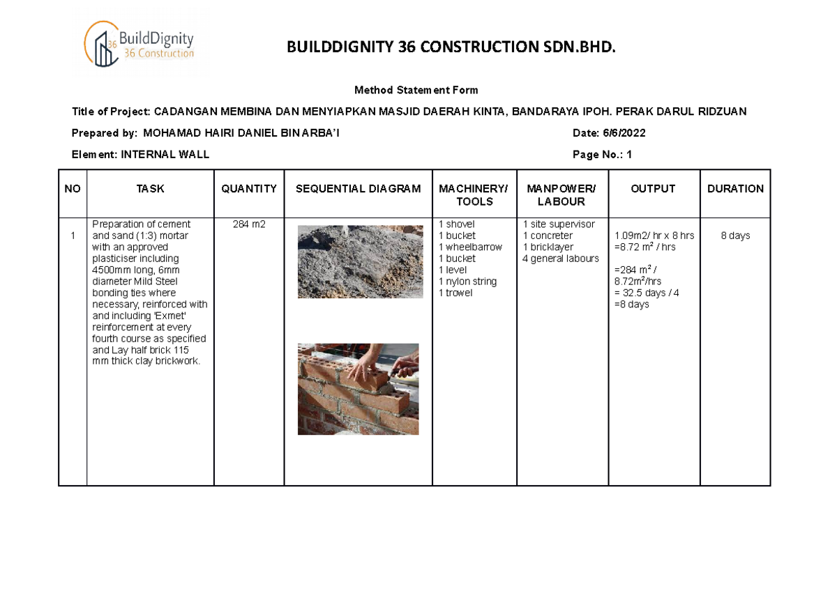 Internal wall - Work hard - BUILDDIGNITY 36 CONSTRUCTION SDN. Method ...