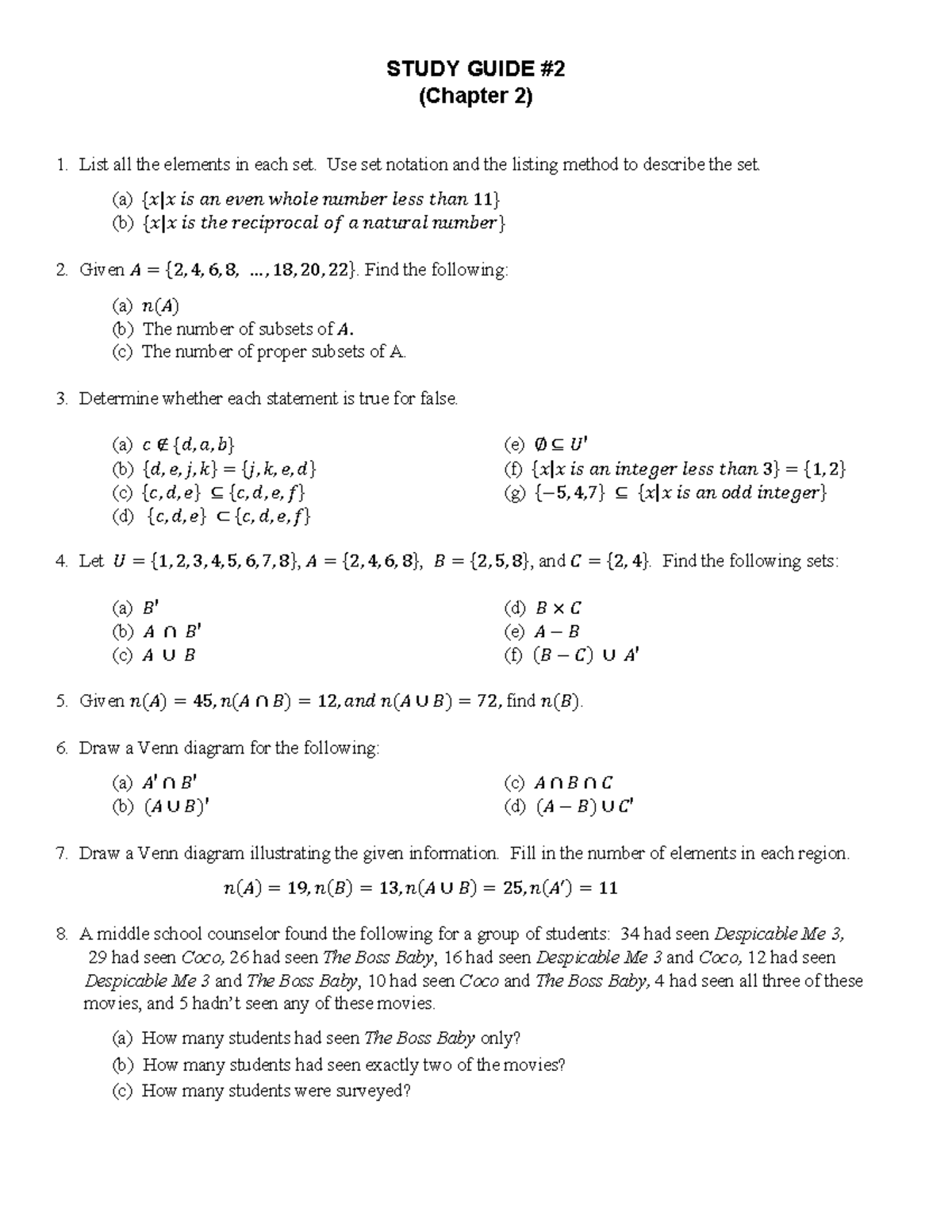 Study Guide 2 Chapter 2 Math 100 - STUDY GUIDE (Chapter 2) List all the elements in each set ...