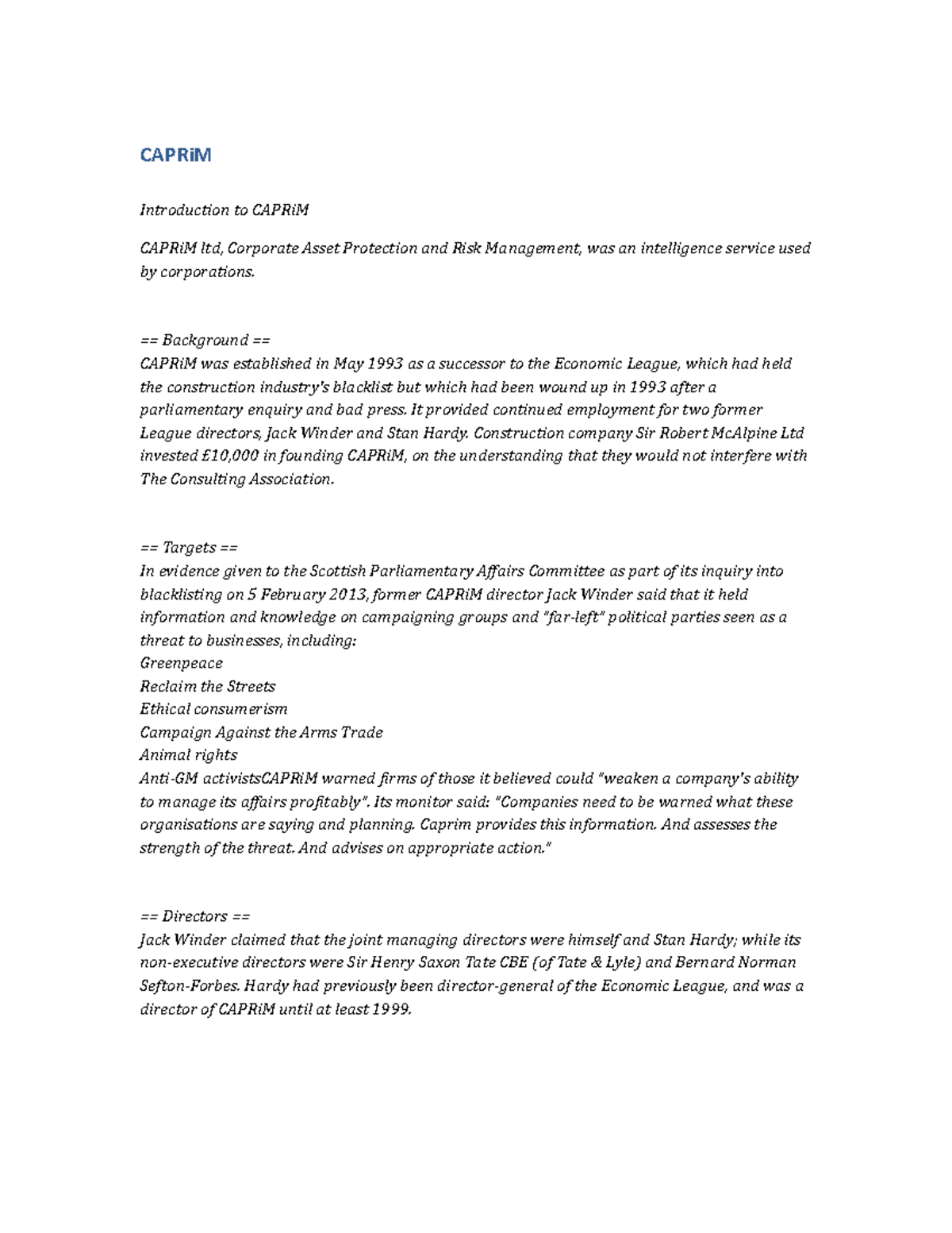 PSY167Lab Report CAPRi M - CAPRiM Introduction to CAPRiM CAPRiM ltd, Corporate Asset Protection ...