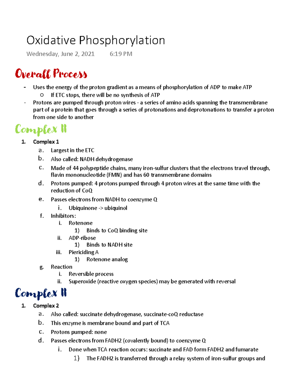 Biochem Oxidative Phosphorylation - Lecture notes Week 10, Lecture 1 ...