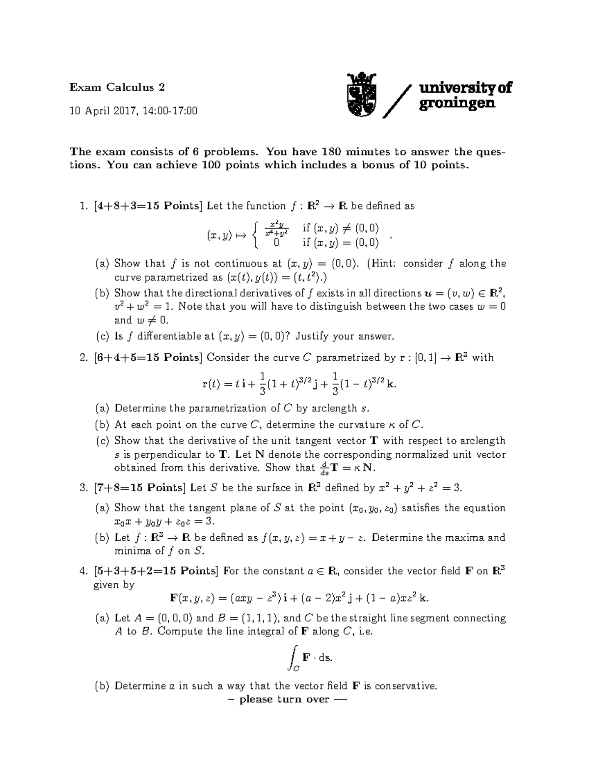 Exam Caculus 2 April 2017 - Exam Calculus 2 10 April 2017, 14:00-17 ...