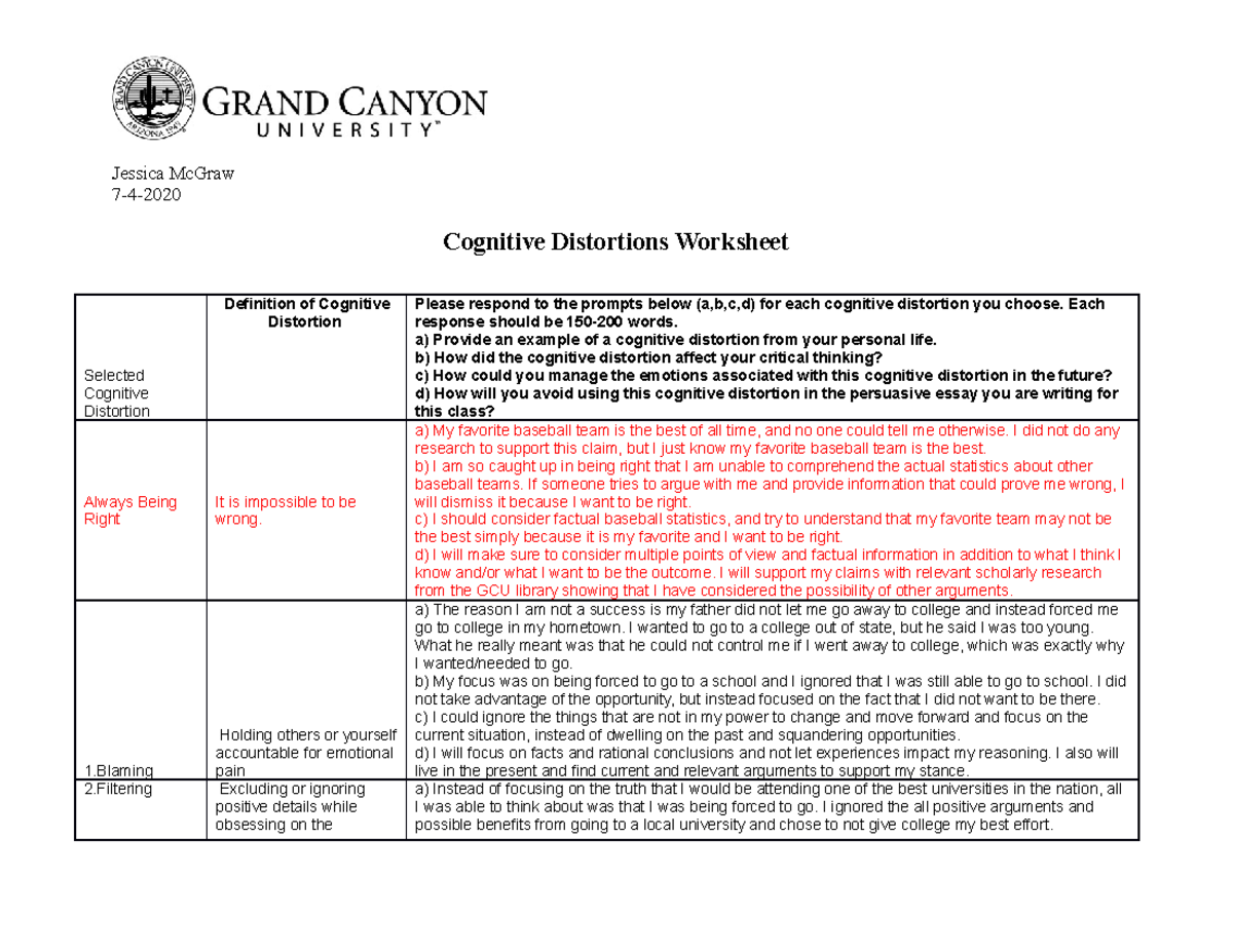 Cognitive Distortions Worksheet - Jessica McGraw 7-4- Cognitive ...