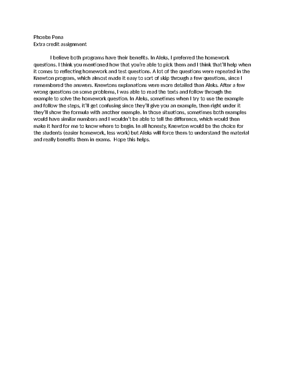 Extracredit 3 - key - Phoebe Pena Extra credit assignment I believe ...