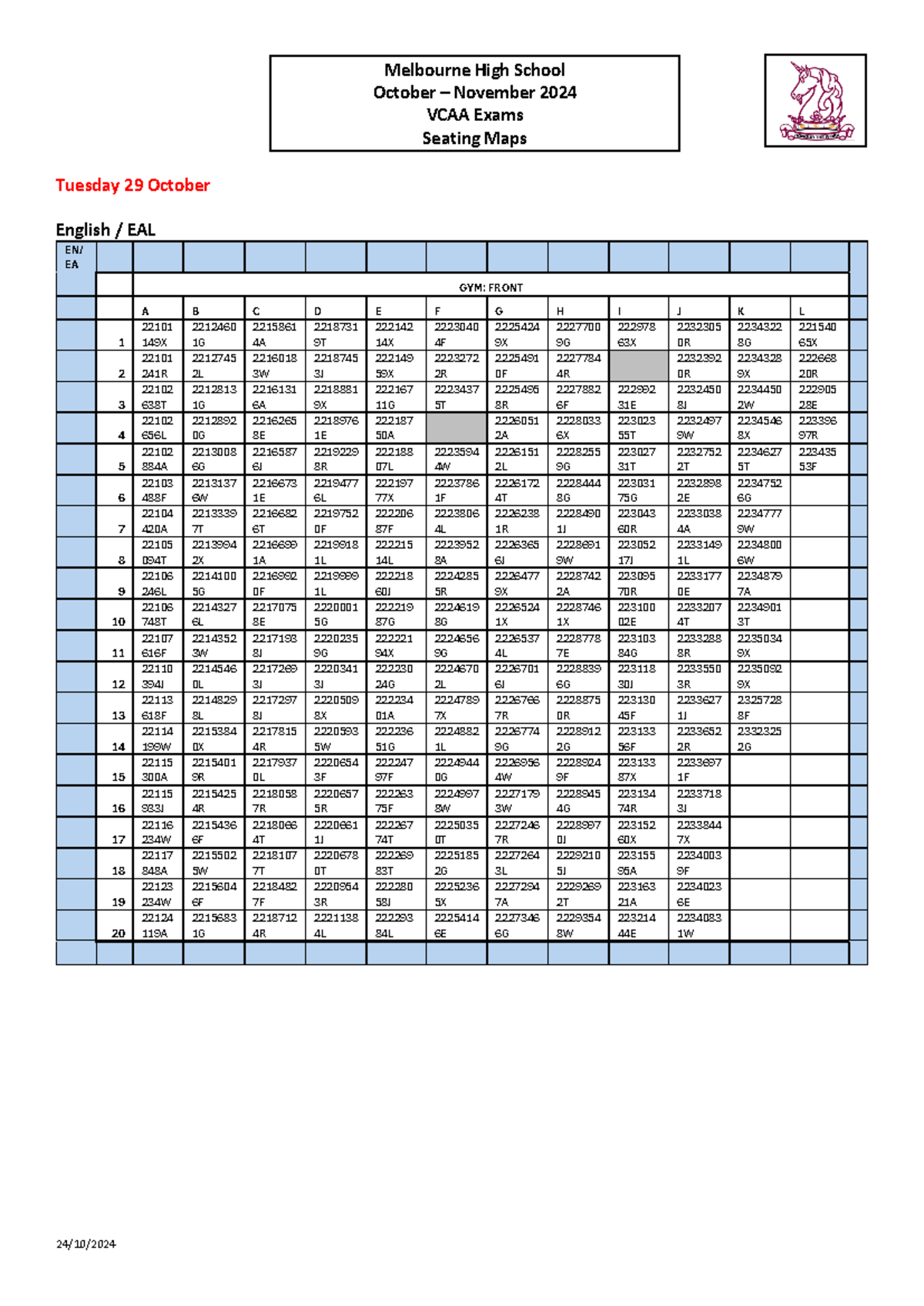2024 VCAA exams seating maps - 24/10/ Melbourne High School October ...
