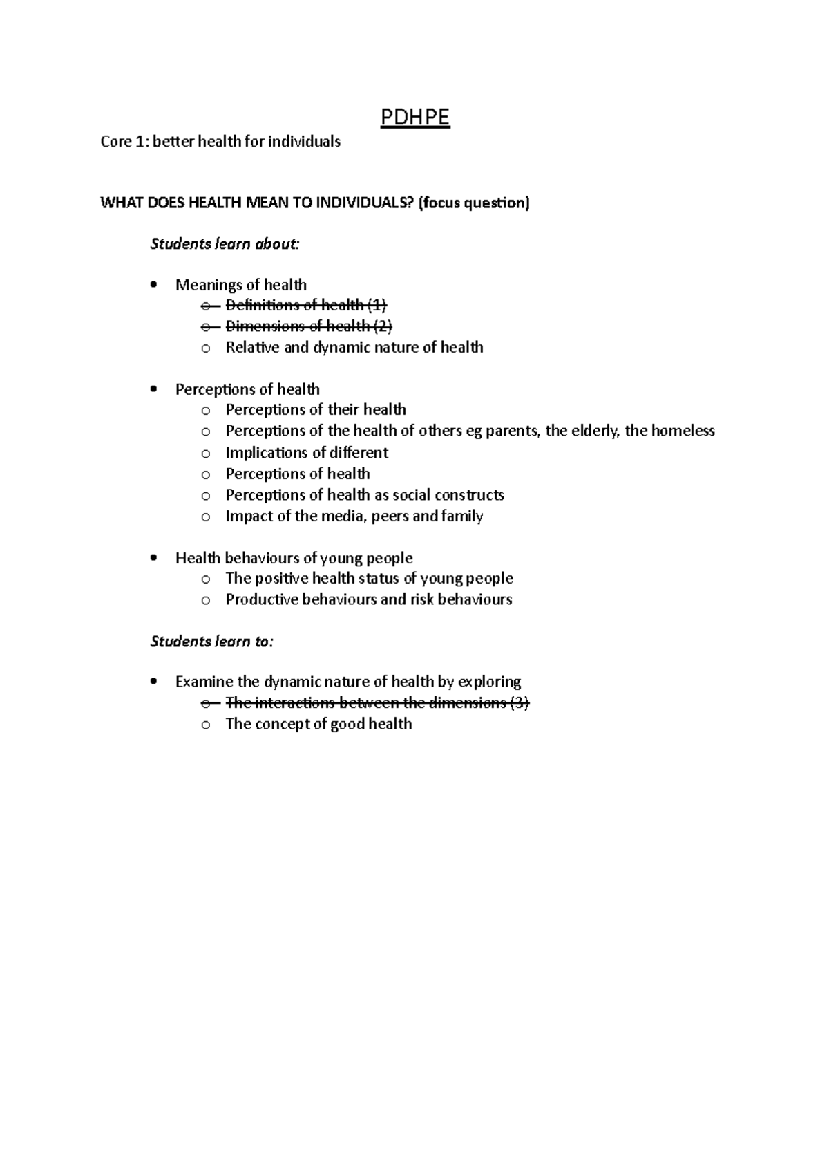 Core 1 - Lecture notes 3 - PDHPE Core 1: better health for individuals ...