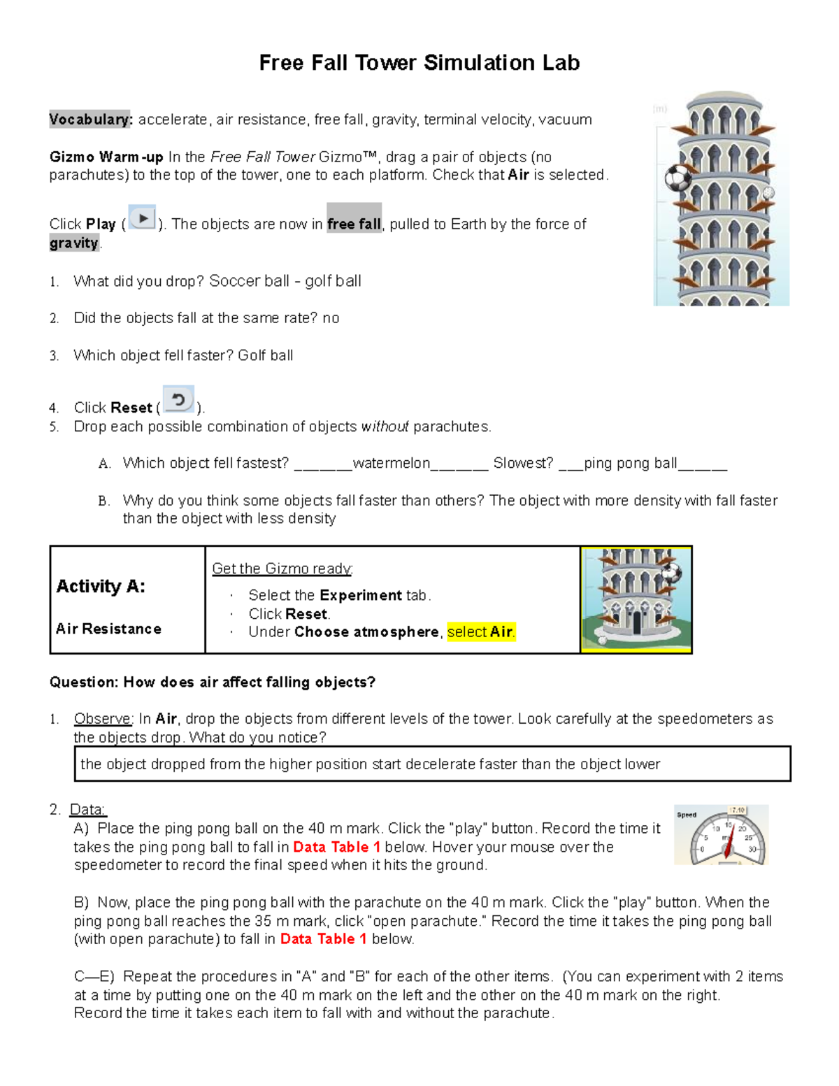 Copy of 2021 Free Fall Tower Simulation Lab - Free Fall Tower ...