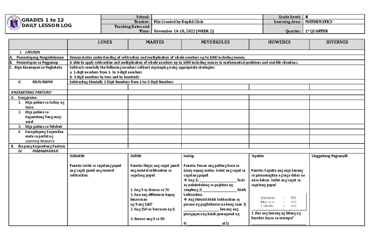 DLL Mathematics 2 Q2 W2 - good - GRADES 1 to 12 DAILY LESSON LOG School ...