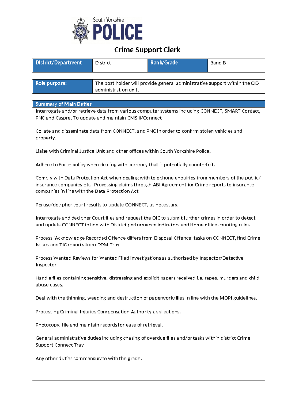 Crime Support Clerk Role Profile - Crime Support Clerk District ...