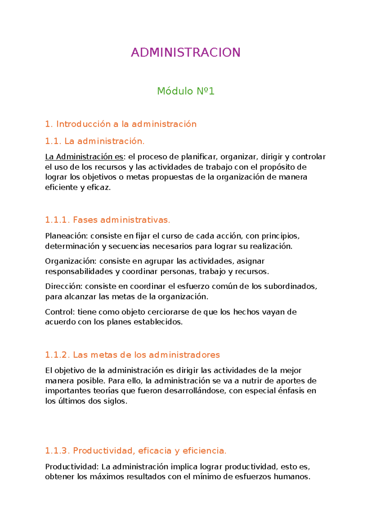 Administracion resumen - ADMINISTRACION Módulo Nº 1. Introducción a la ...