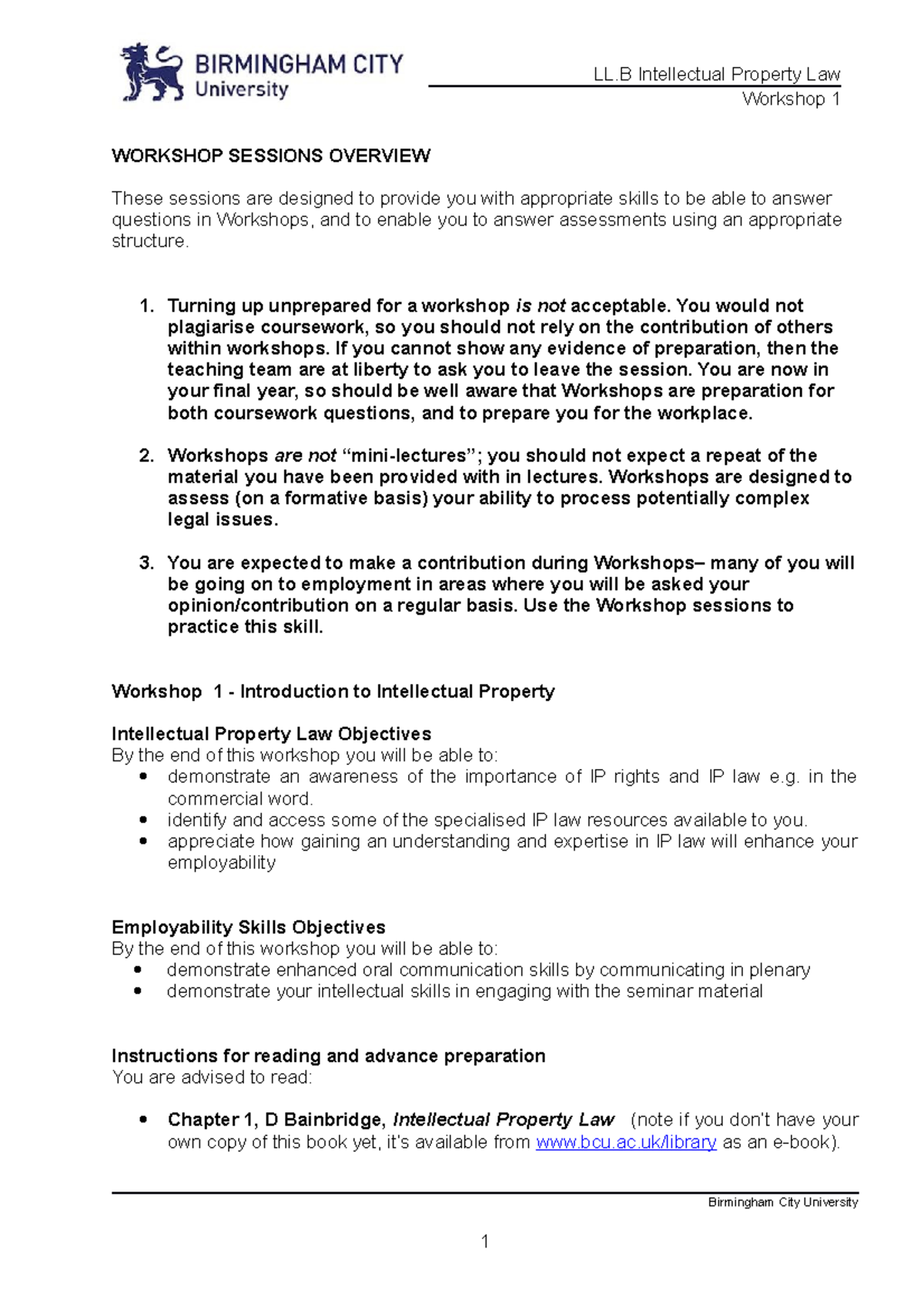 IP LAW Workshop 1 - Workshop 1 WORKSHOP SESSIONS OVERVIEW These ...