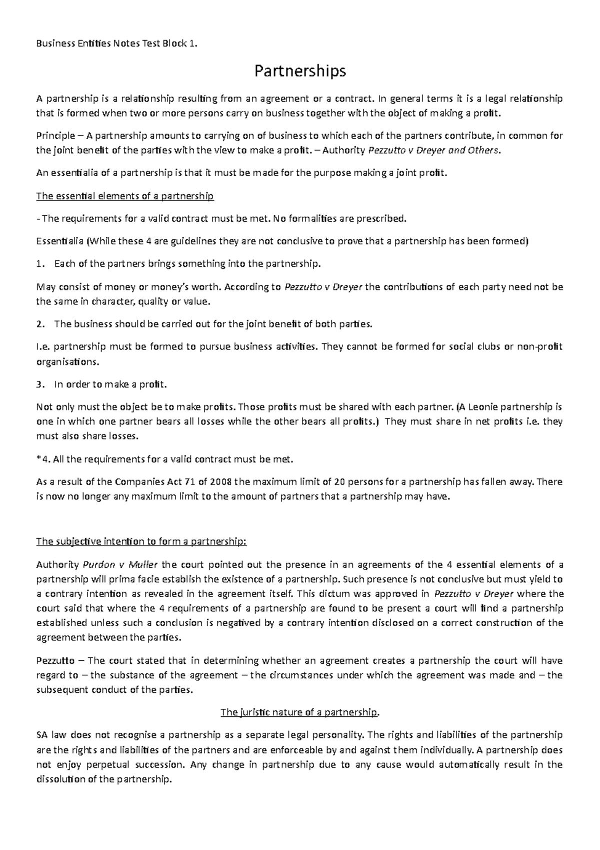 TEST Block ONE - Business Entities Notes Test Block 1. Partnerships A ...