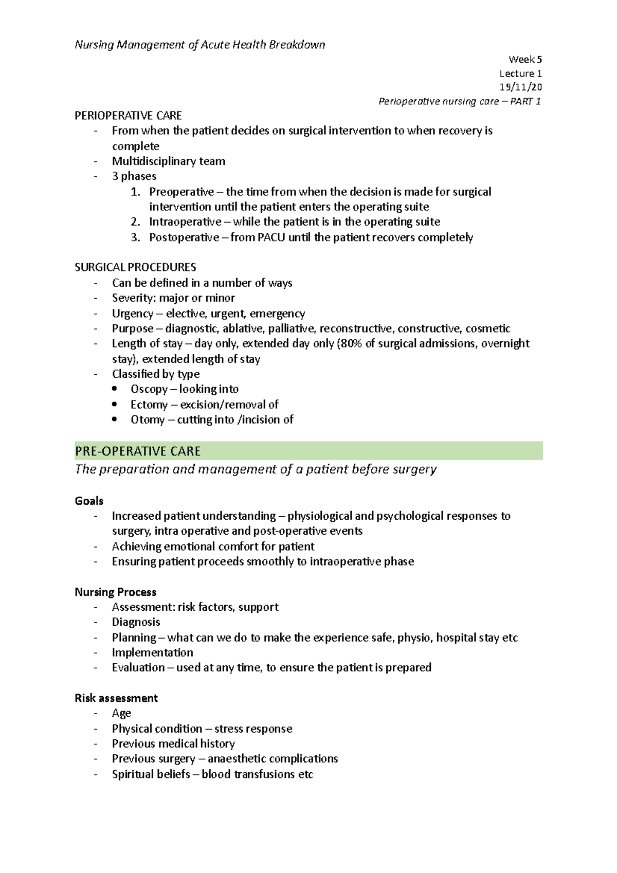 Week 5, Lecture 1 - Nursing Management of Acute Health Breakdown Week 5 ...