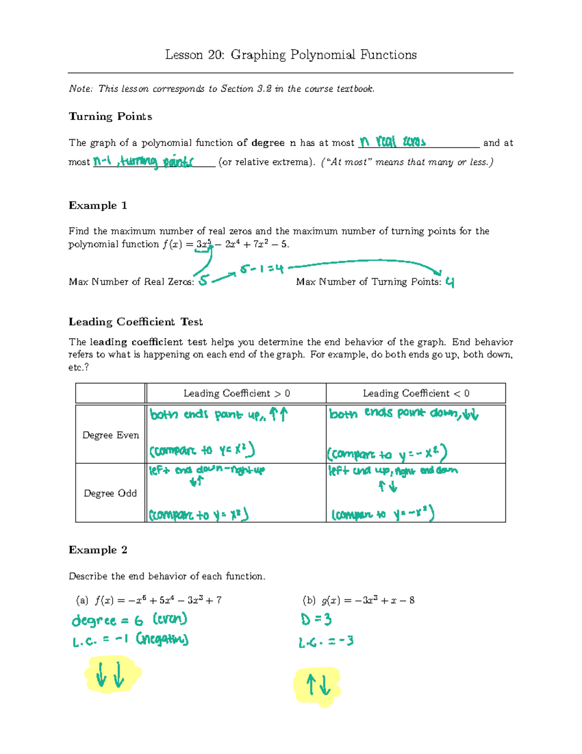M119 Note-Taking Guide Lesson 20 (JRS) - Lesson 20: Graphing Polynomial ...