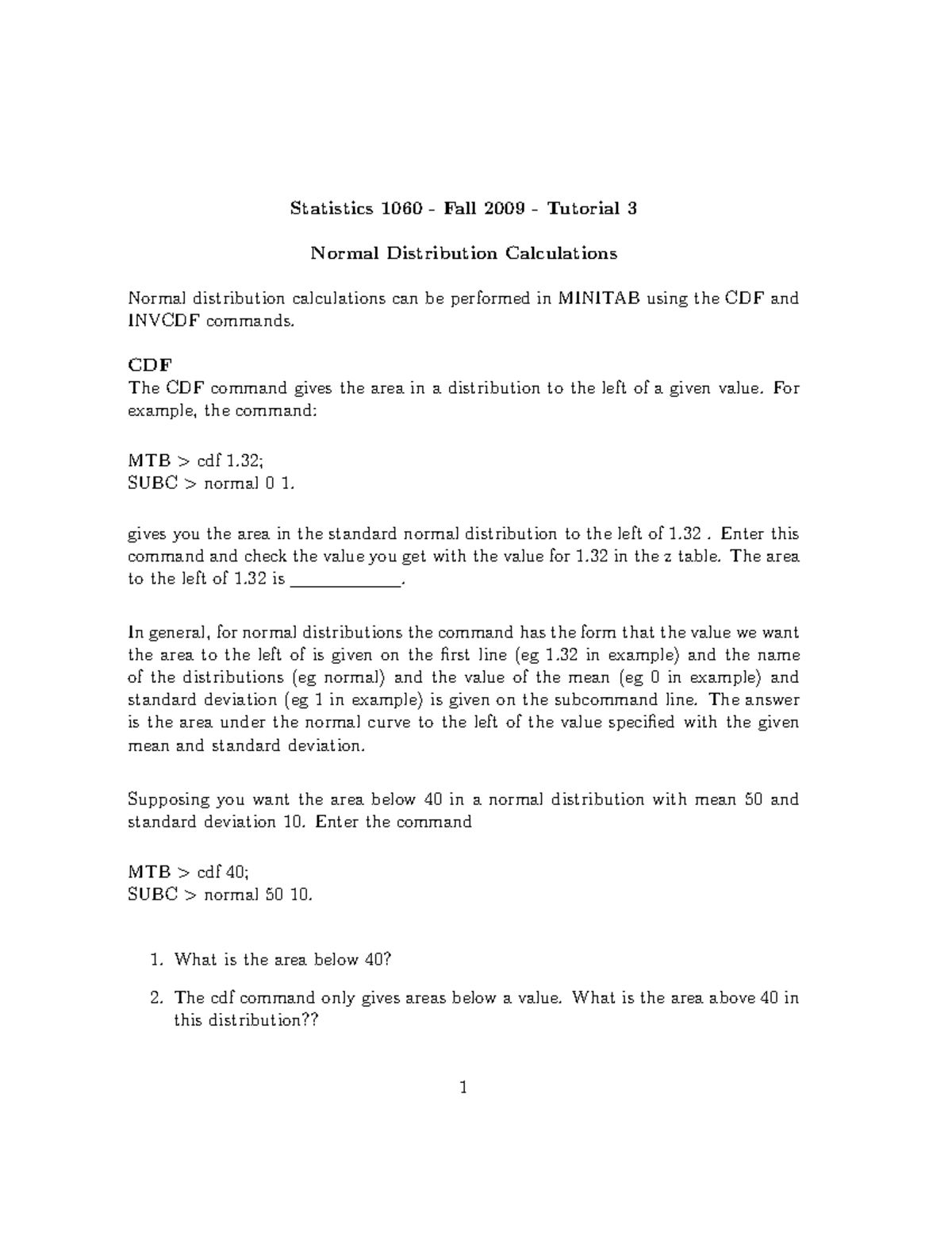 Tutorial 3handout - Ta handout - Statistics 1060 - Fall 2009 - Tutorial ...