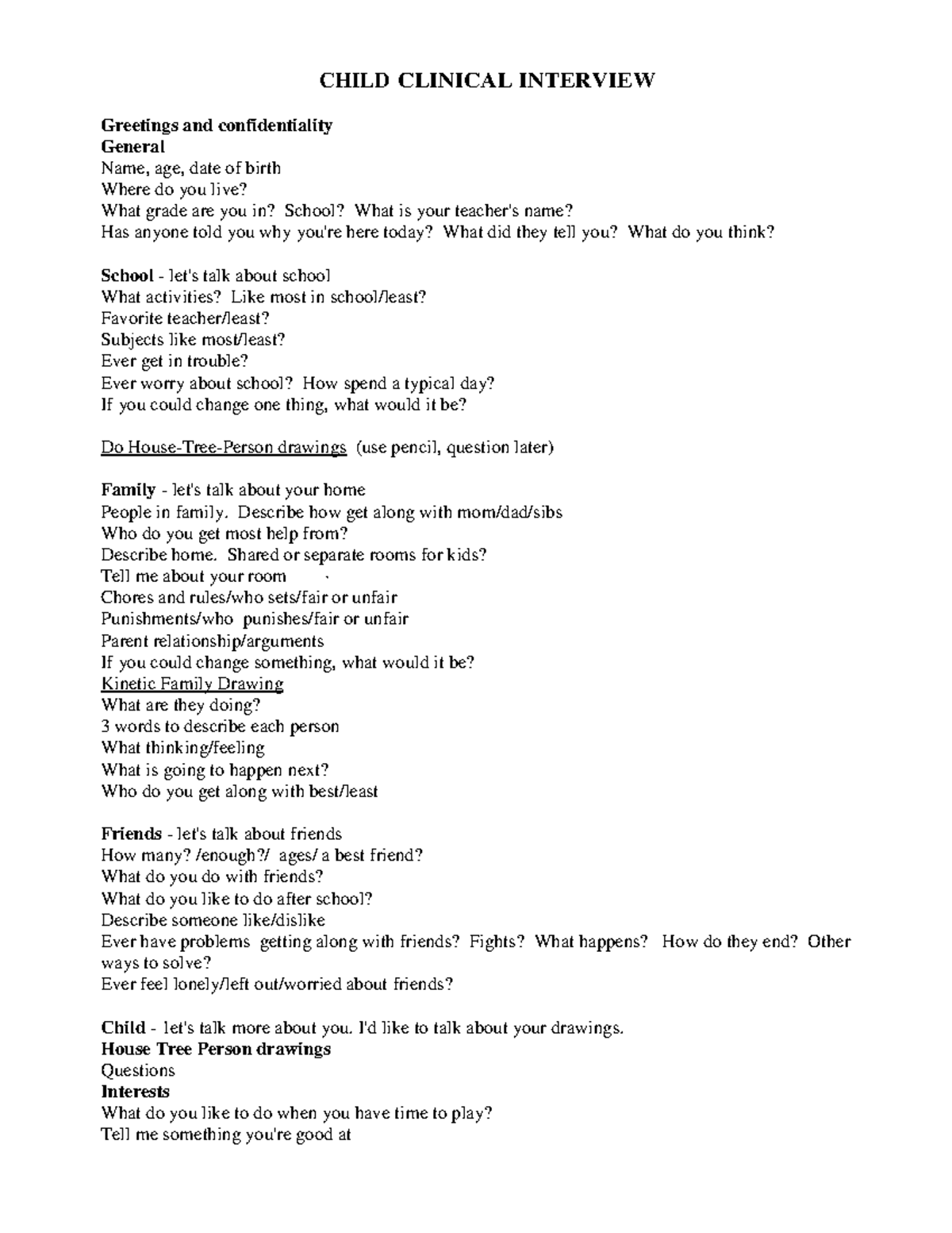 Sample Questions for Child Clinical Interview-1 - CHILD CLINICAL ...
