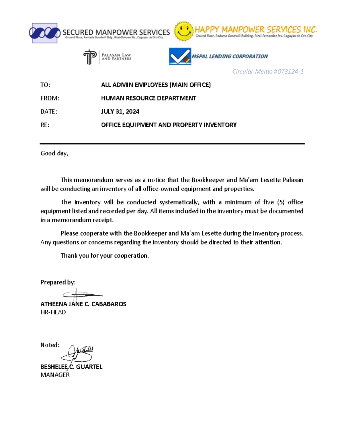 Office Equipment AND Property Inventory - Circular Memo #07 3124 - 1 TO ...
