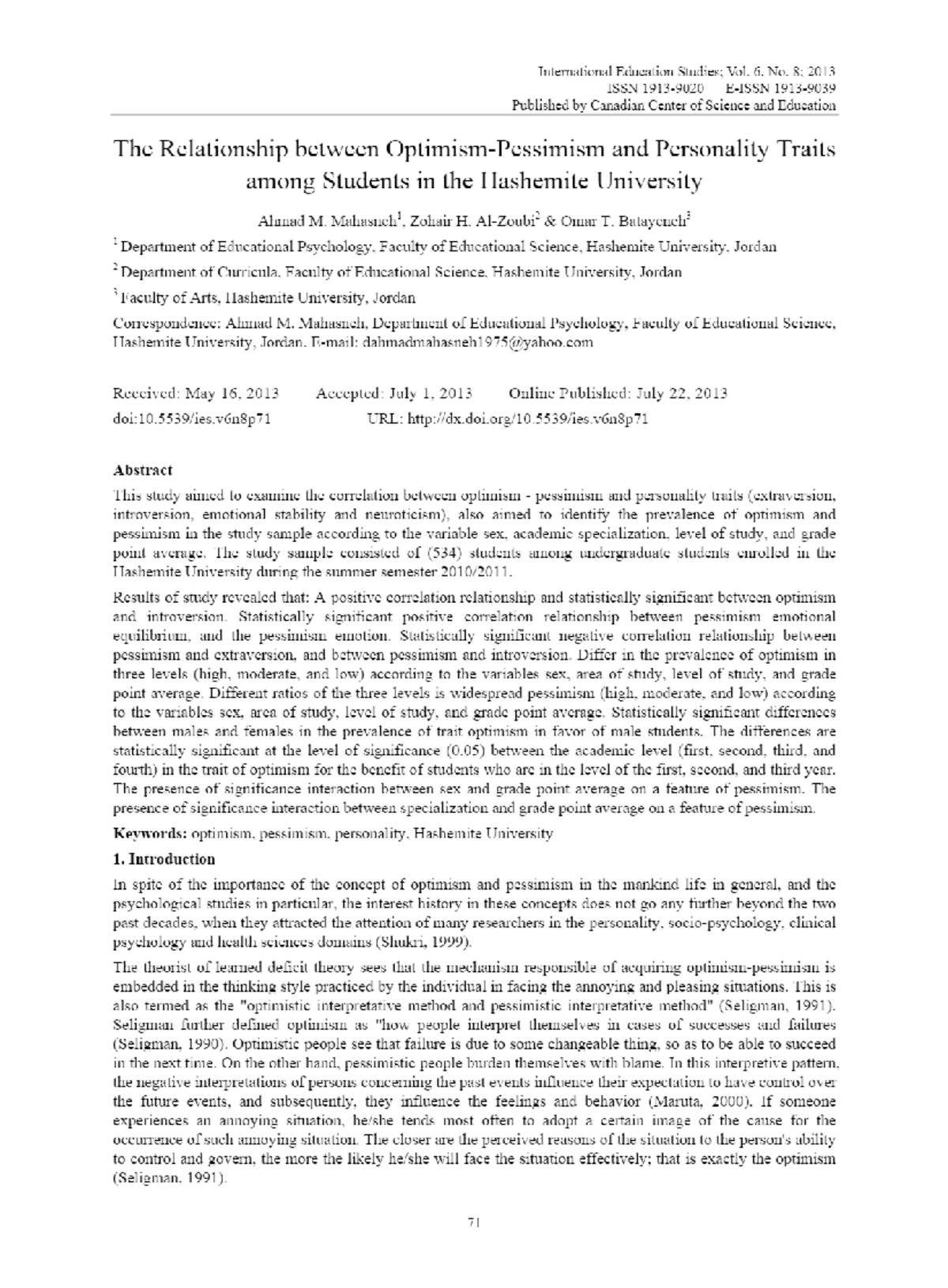 The Relationship between Optimism-Pessimism and Personality Traits ...