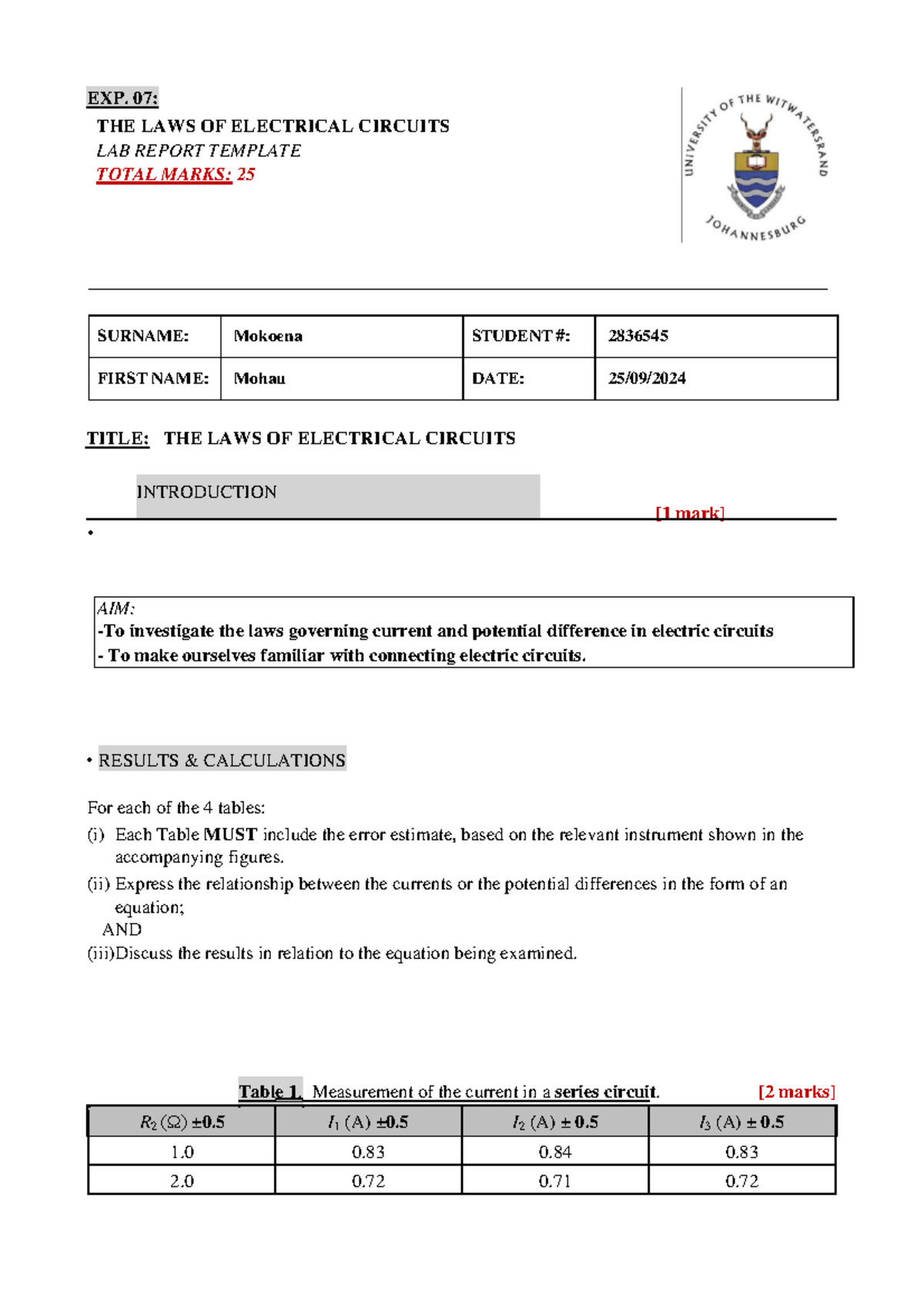 lab 07 physics 1032 - EXP. 07: THE LAWS OF ELECTRICAL CIRCUITS LAB ...