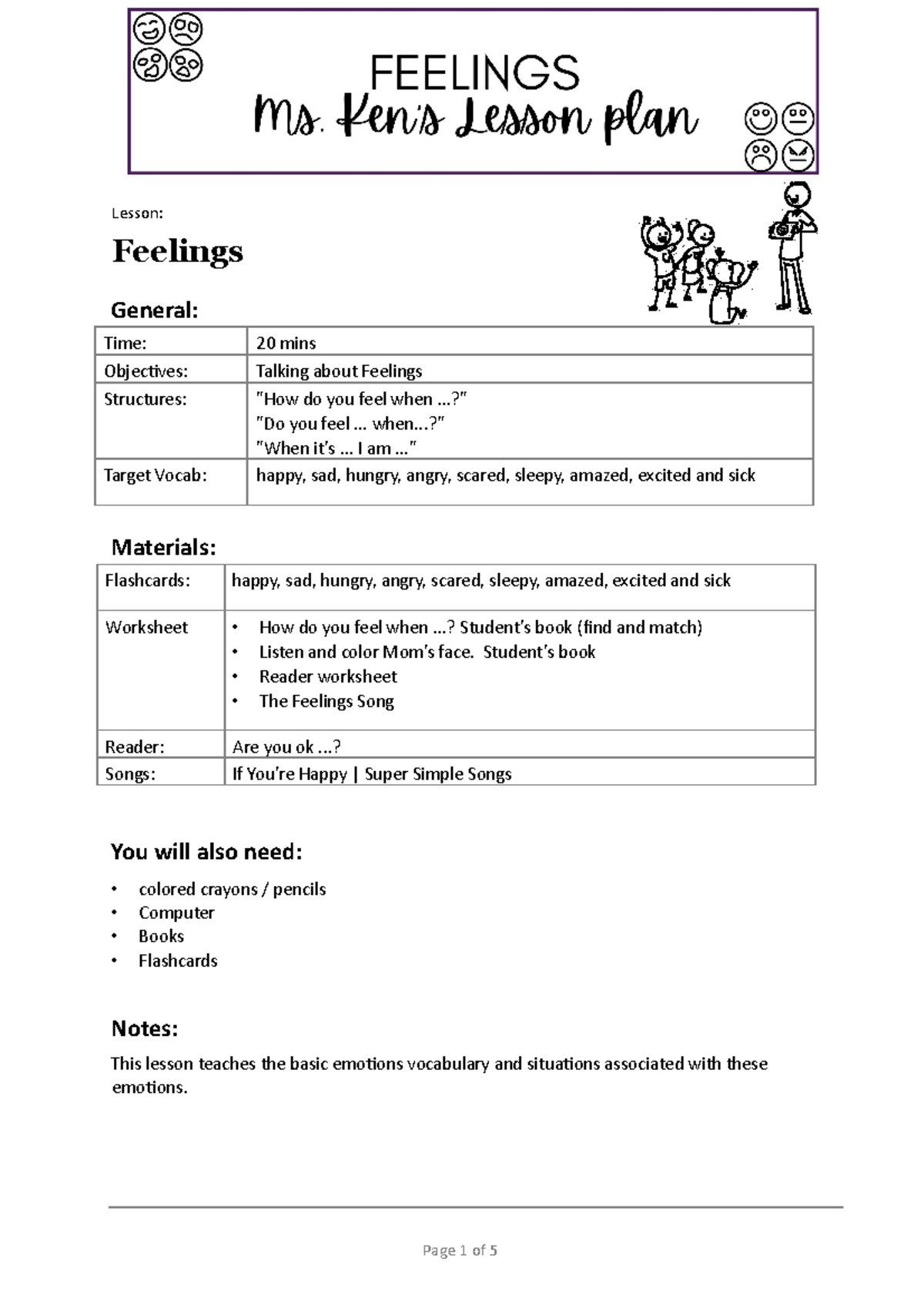 Feelings emotions lesson plan - Lesson: Feelings General: Time: 20 mins ...