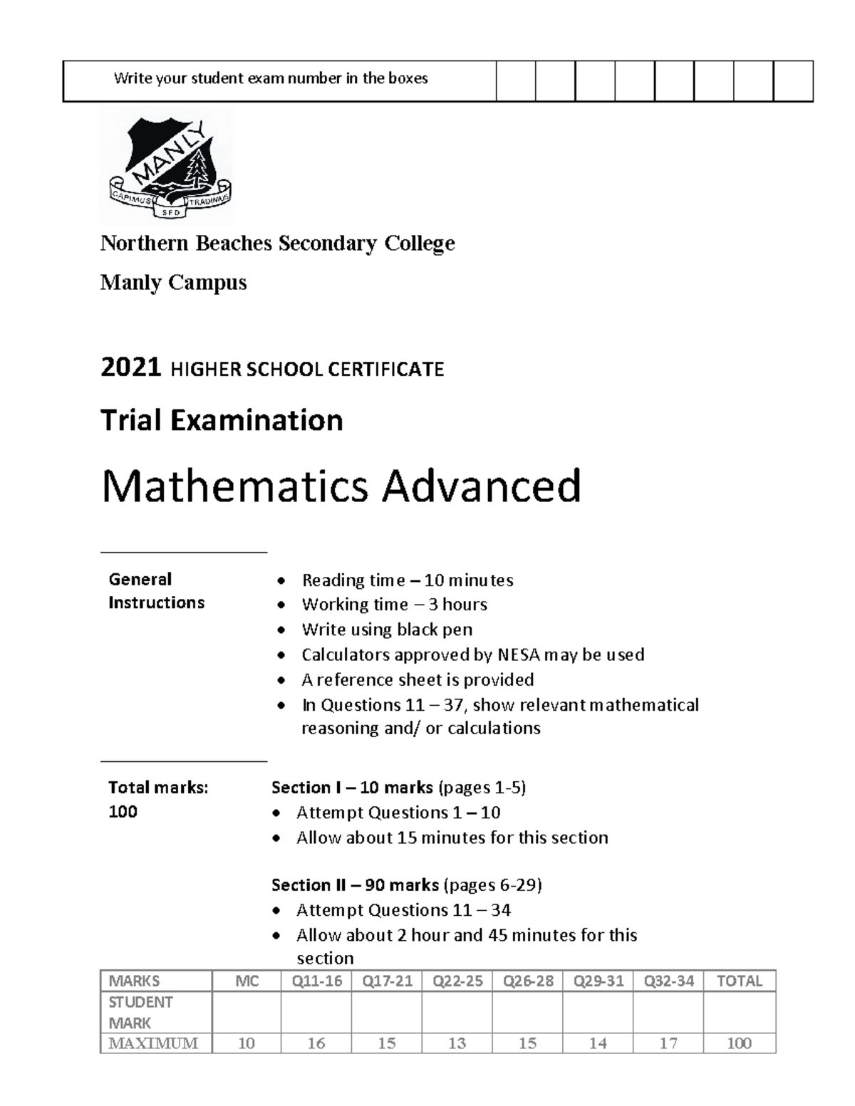 MSC 2021 MA THSC - Practice math hsc paper. School trial paper 2021 ...