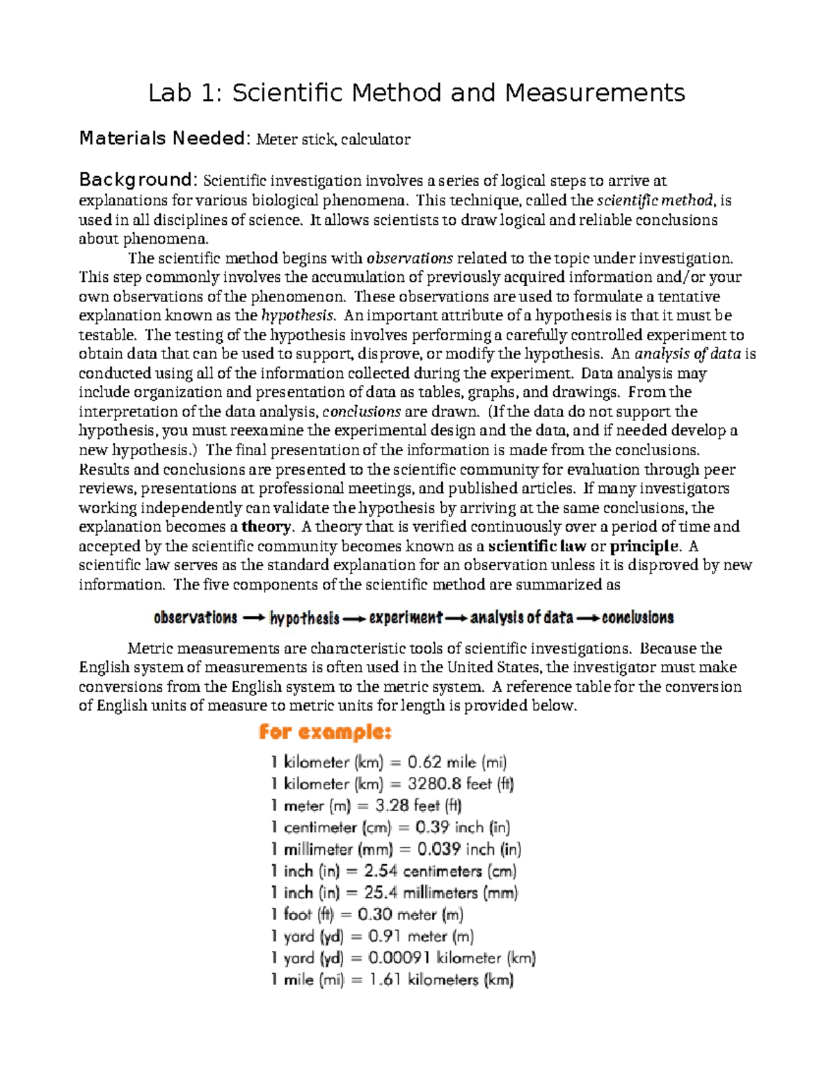 Lab 1 - HELLO - Lab 1: Scientific Method and Measurements Materials ...