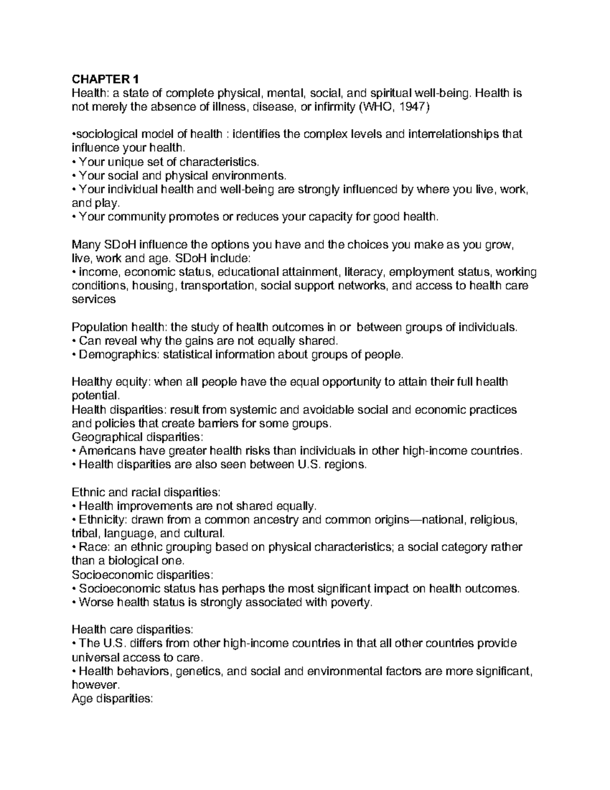217 - Exam 1 Lecture Notes - CHAPTER 1 Health: a state of complete ...