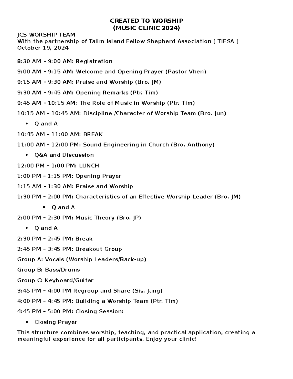 Ctw prg - Program for seminar - CREATED TO WORSHIP (MUSIC CLINIC 2024 ...